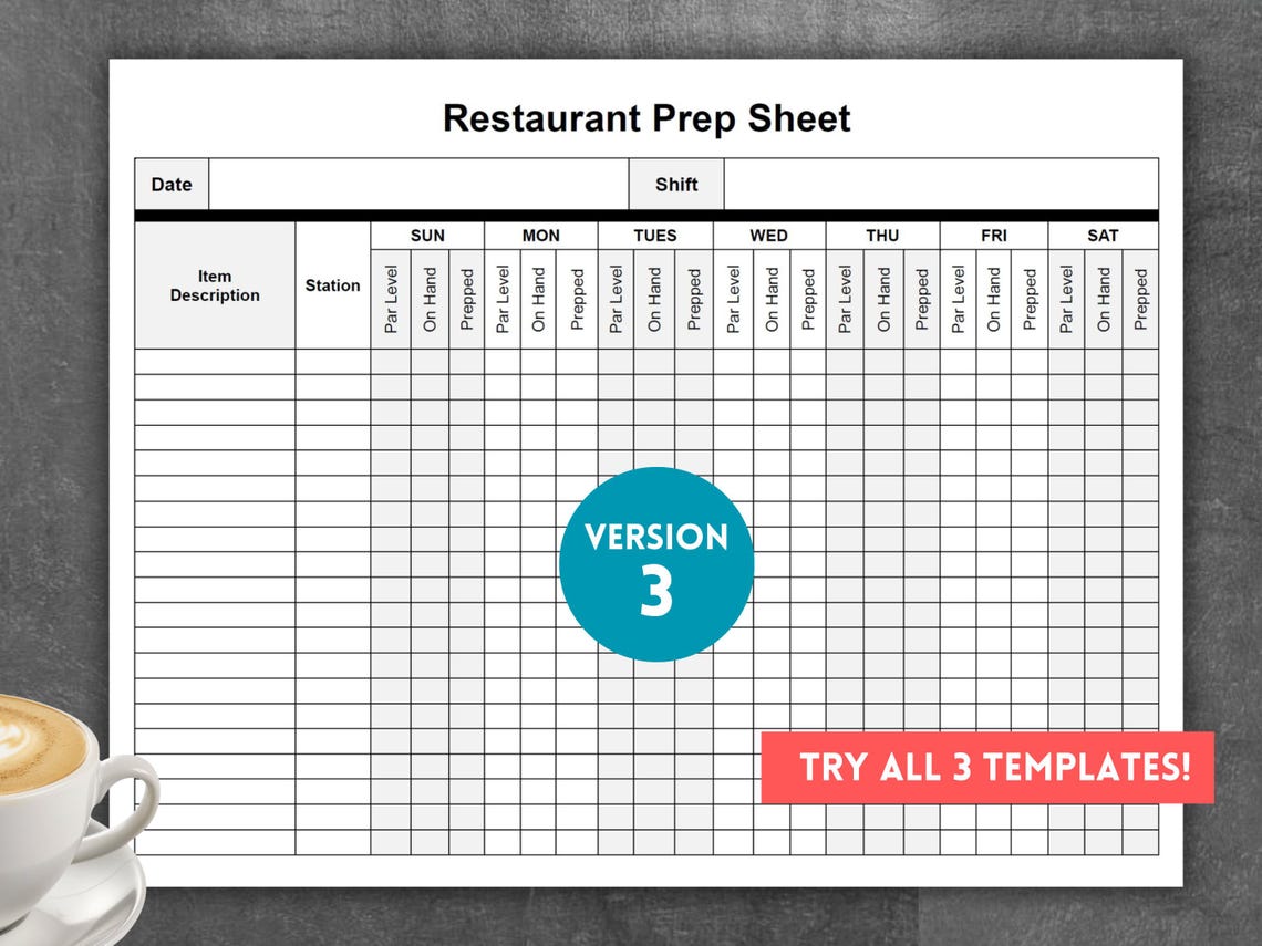 Restaurant Prep Sheet, Food Prep Chart, Food Prep Sheet, Restaurant ...