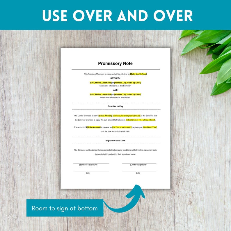 Promissory Note, Editable Promissory Note for Payment, Simple Personal ...