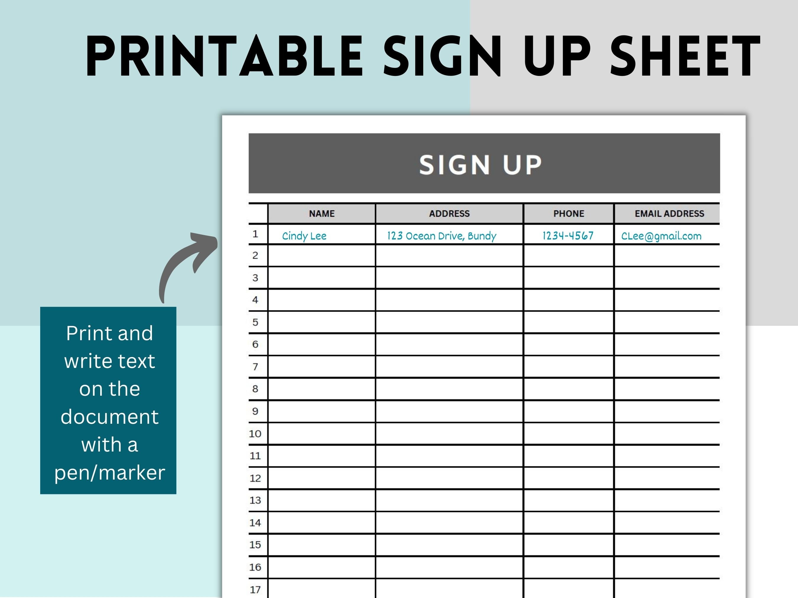 Printable Sign up Sheet. Sign up Template, Event Sign Up, Party Sign Up ...