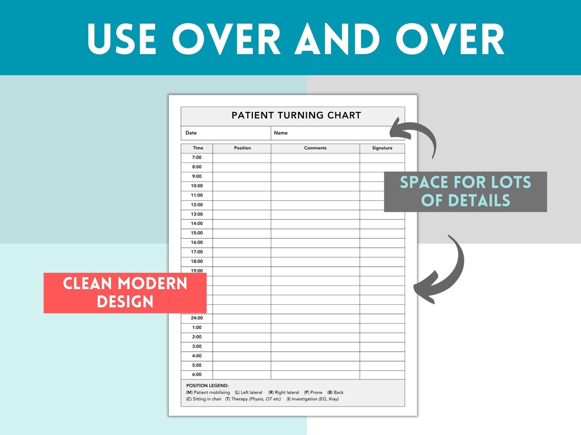 Patient Positioning and Turn Chart, Patient Repositioning Chart ...