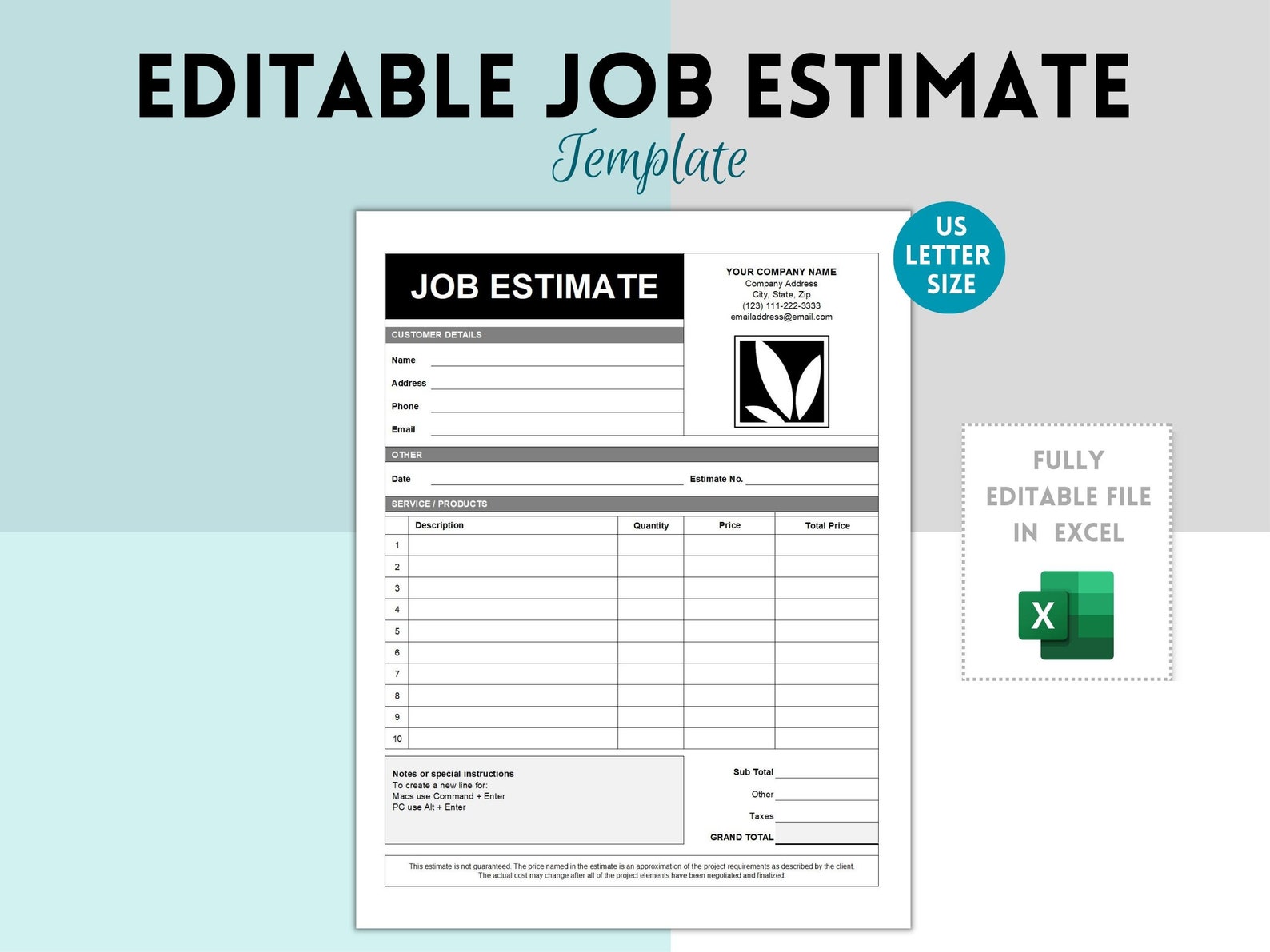 Job Estimate Template, Printable Job Estimate Template, Editable EXCEL ...