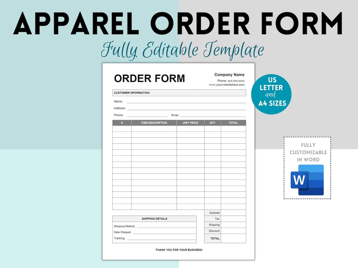 Apparel Order Form, Editable Clothing Order Form, T Shirt Order Form ...