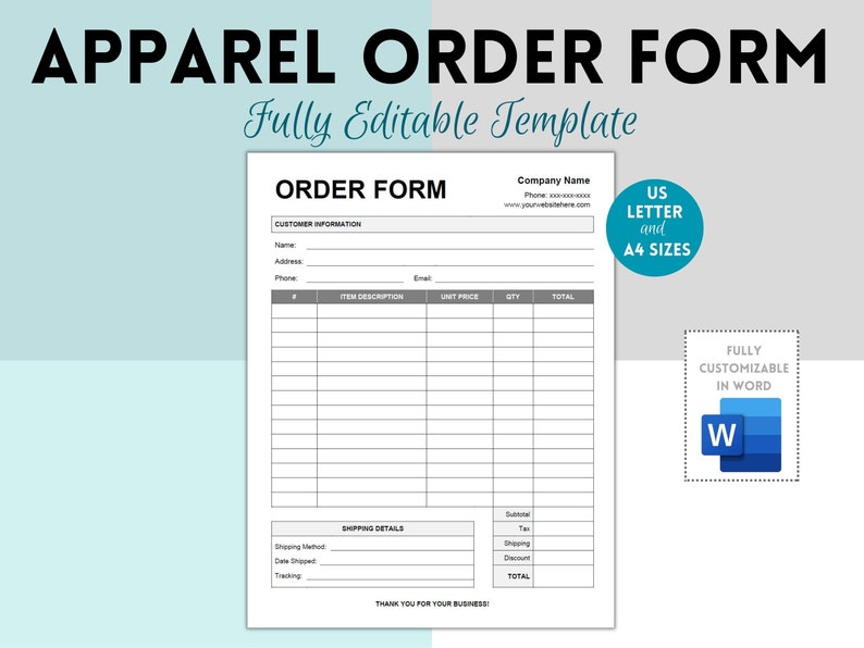 Apparel Order Form, Editable Clothing Order Form, T Shirt Order Form ...