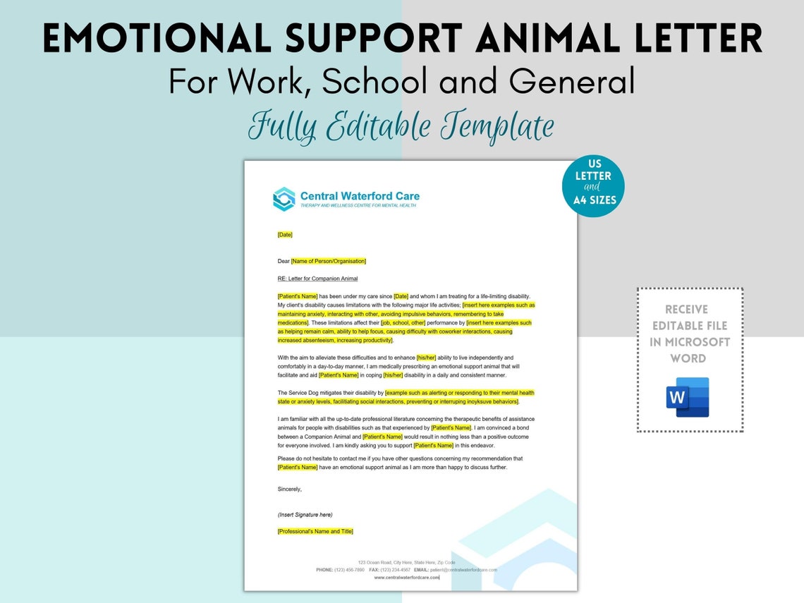 Editable Sample Letter for Service Animal, Emotional Support Animal Letter Request, Companion ...