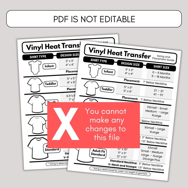 Heat Transfer Vinyl Sizing Guide, Printable HTV Sizing Guide, T-shirt Decal Vinyl Sizing, HTV ...