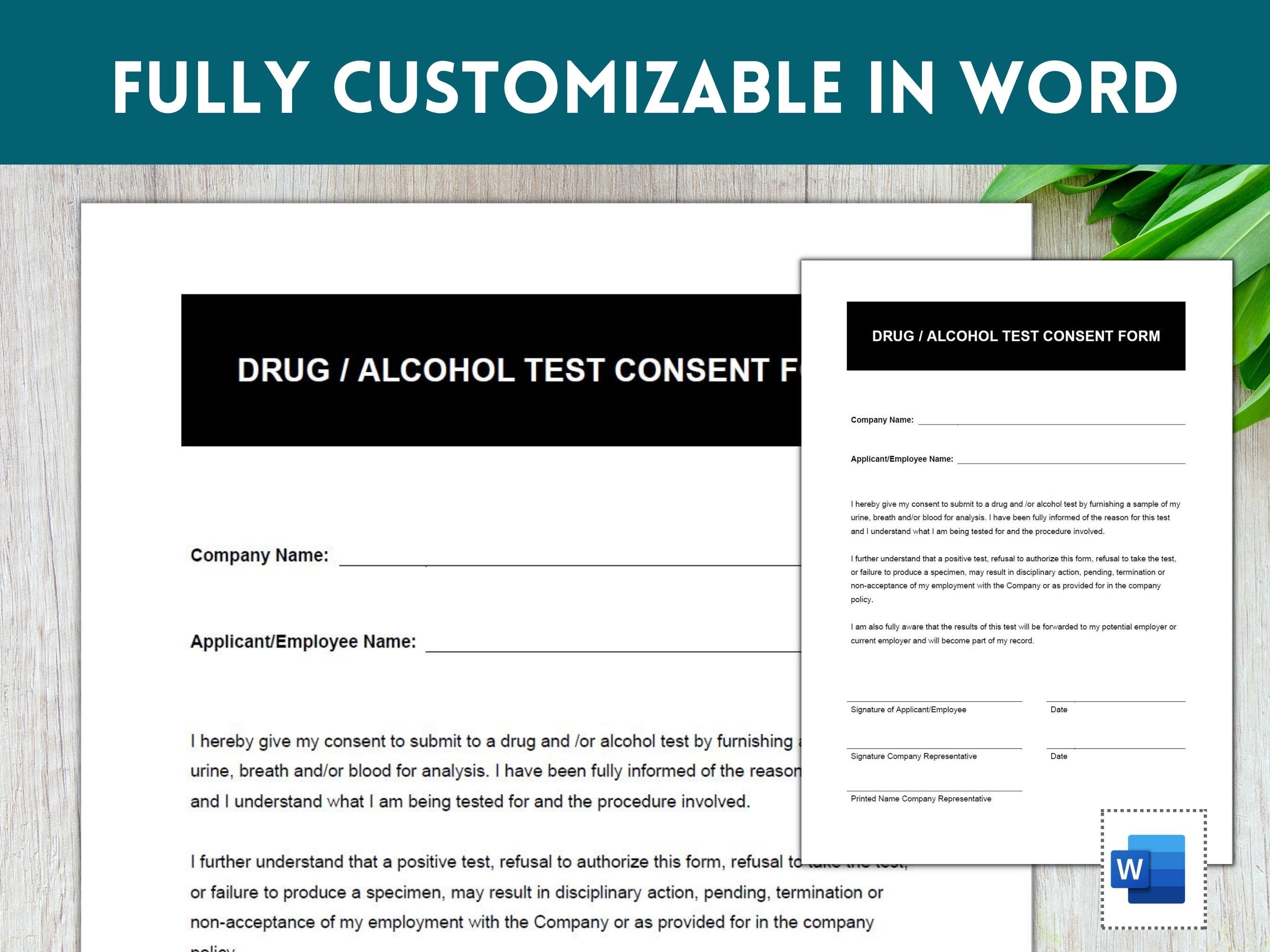 Drug Alcohol Testing Form, Drug Alcohol Testing Template, Editable Drug ...