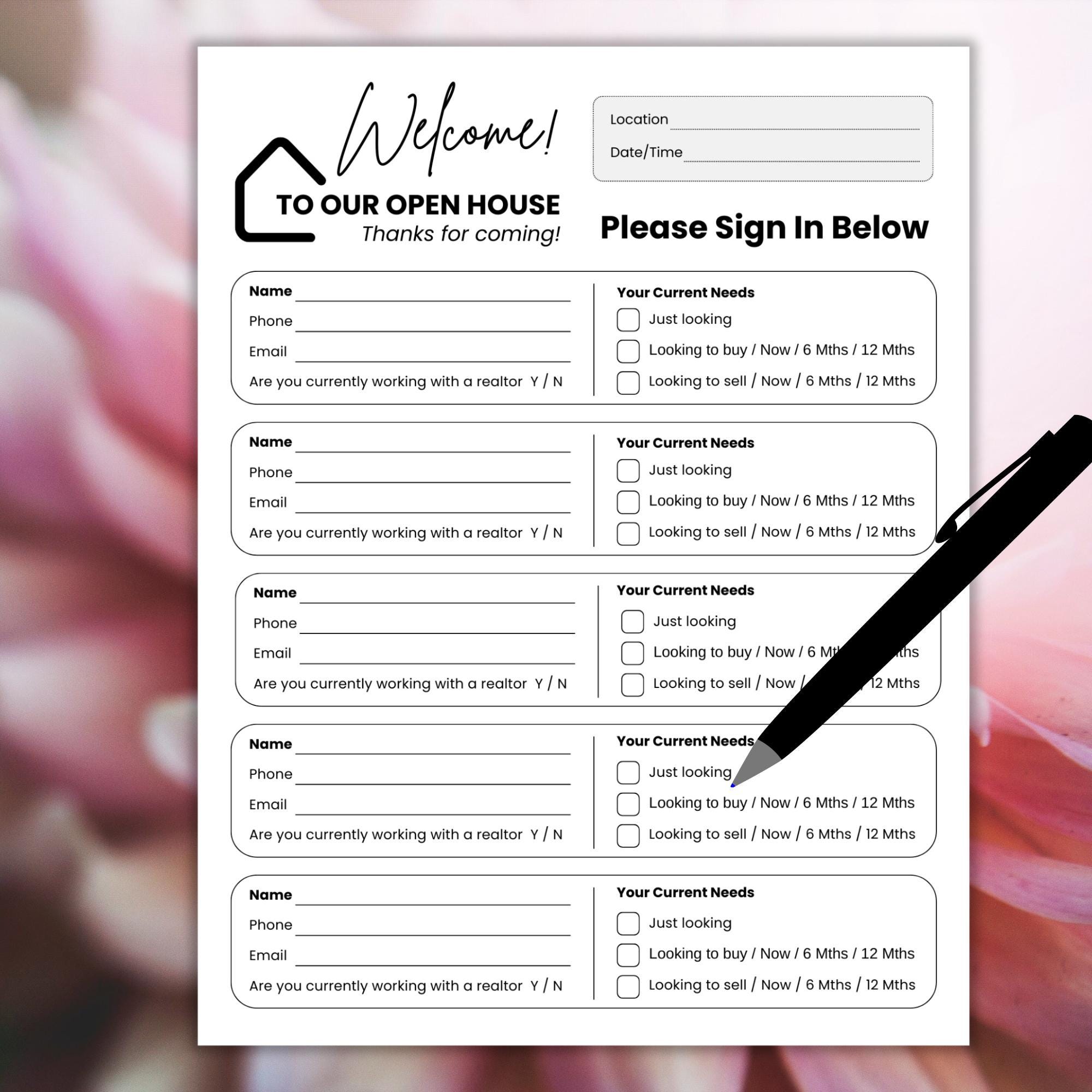 Open House Sign in Sheet, Printable PDF Open House Sign in Sheet ...