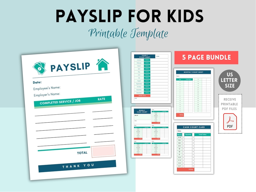 Payslip for Kids, Printable Kids Paystub, Kids Paycheck, Earn Money ...
