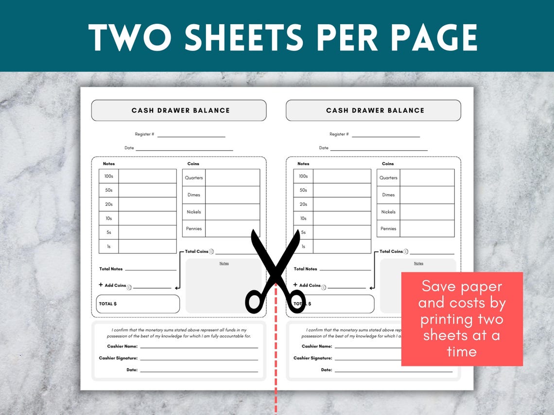 Cash Drawer Sheet, Register Balance Sheet, Cash Breakdown, Opening ...