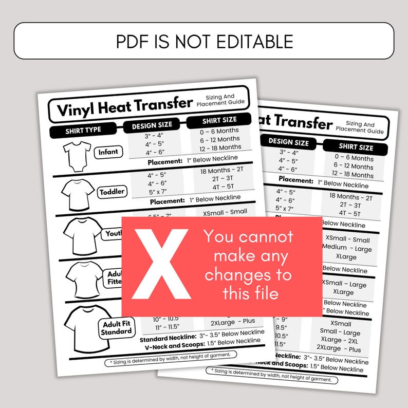 Heat Transfer Vinyl Sizing Guide, Printable HTV Sizing Guide, T-shirt ...