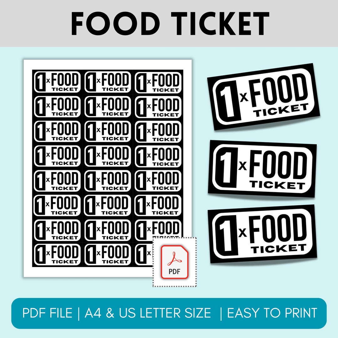 Food Tickets, Printable Party Food Voucher Template, Meal Tickets, Meal ...