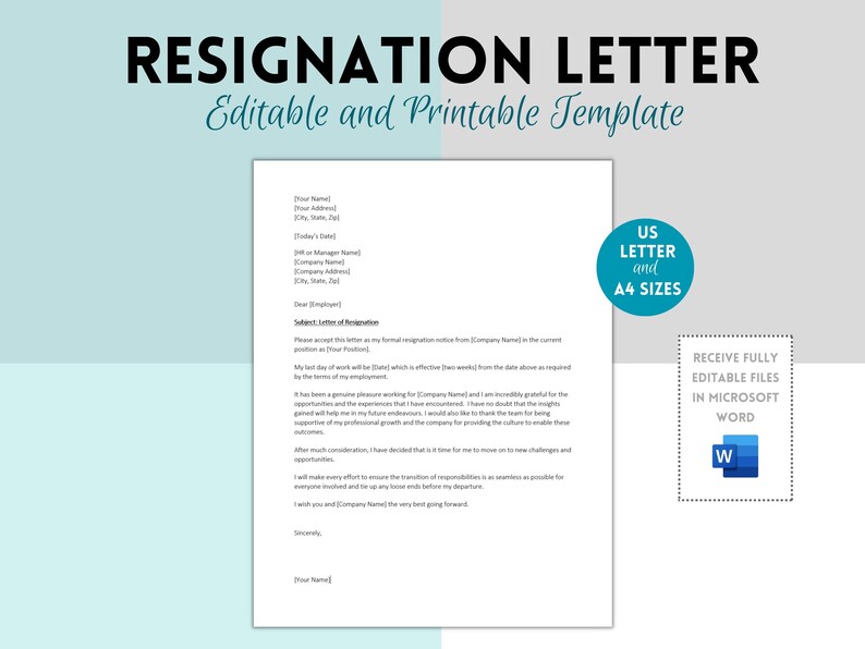 Professional Resignation Letter, Editable Microsoft Word, Notice Letter ...