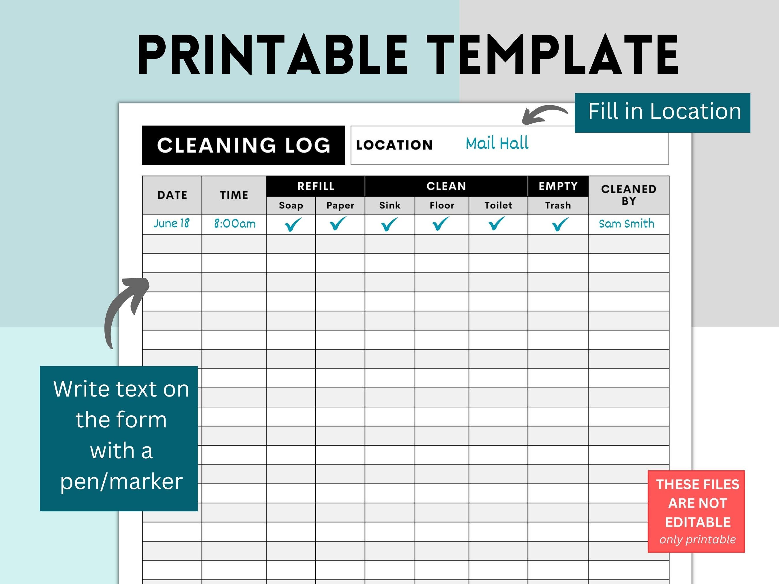 Printable Restroom Cleaning Log for Businesses, Bathroom Cleaning Log ...
