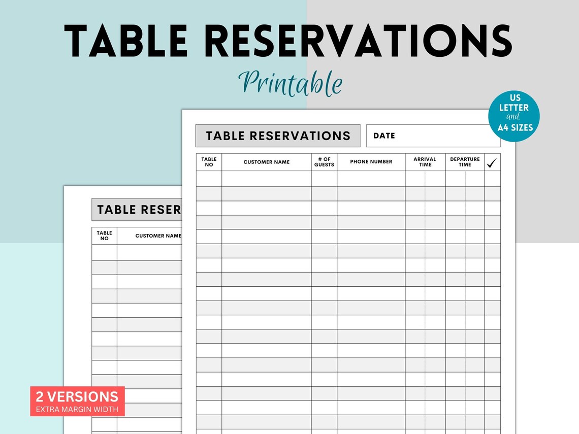 Printable Table Reservation List, Restaurant Table Reservation Form ...