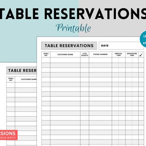 Printable Table Reservation List, Restaurant Table Reservation Form ...