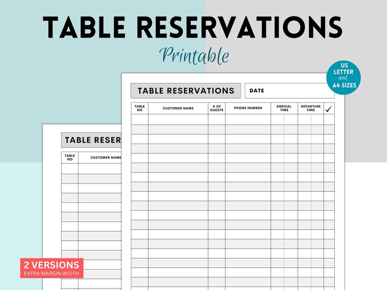 Printable Table Reservation List, Restaurant Table Reservation Form ...