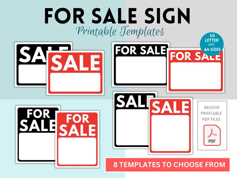 Printable for Sale Sign, for Sale Sign, Sale Sign PDF, US Letter and A4 ...
