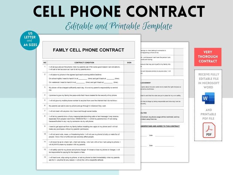 Cell Phone Contract for Teenager, Cell Phone Agreement, Phone Contract ...