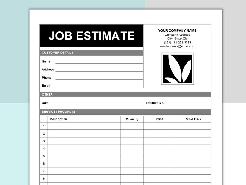 Job Estimate Template, Printable Job Estimate Template, Editable EXCEL ...