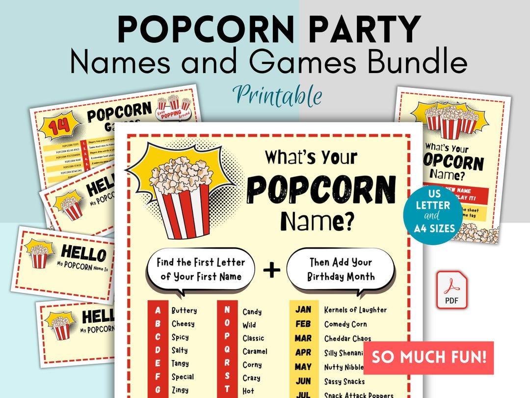 Popcorn Party Game, Family Movie Night Activity, Popcorn Name Generator ...