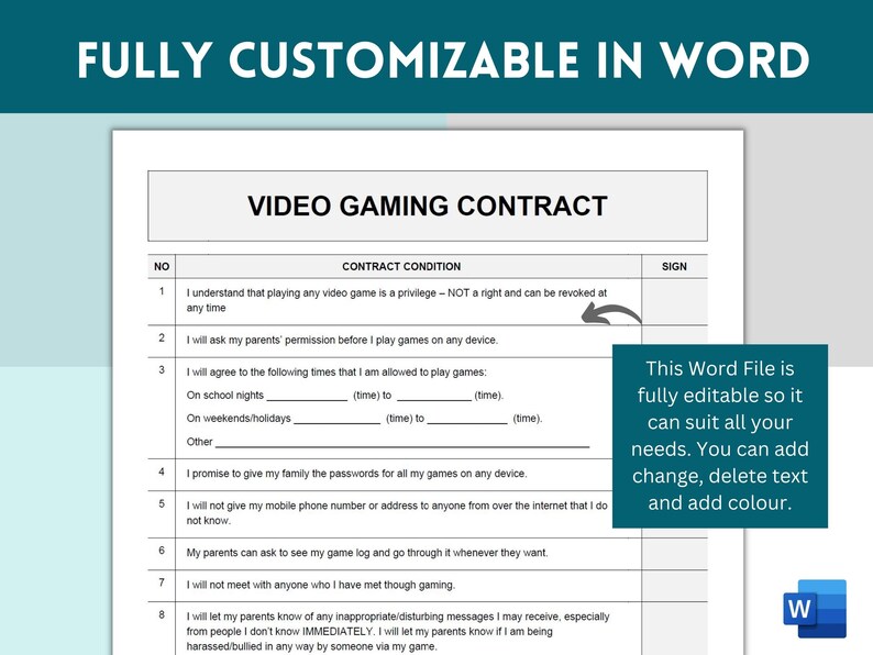 Video Gaming Contract for Teenagers, Screen Time Rules, House Rules ...