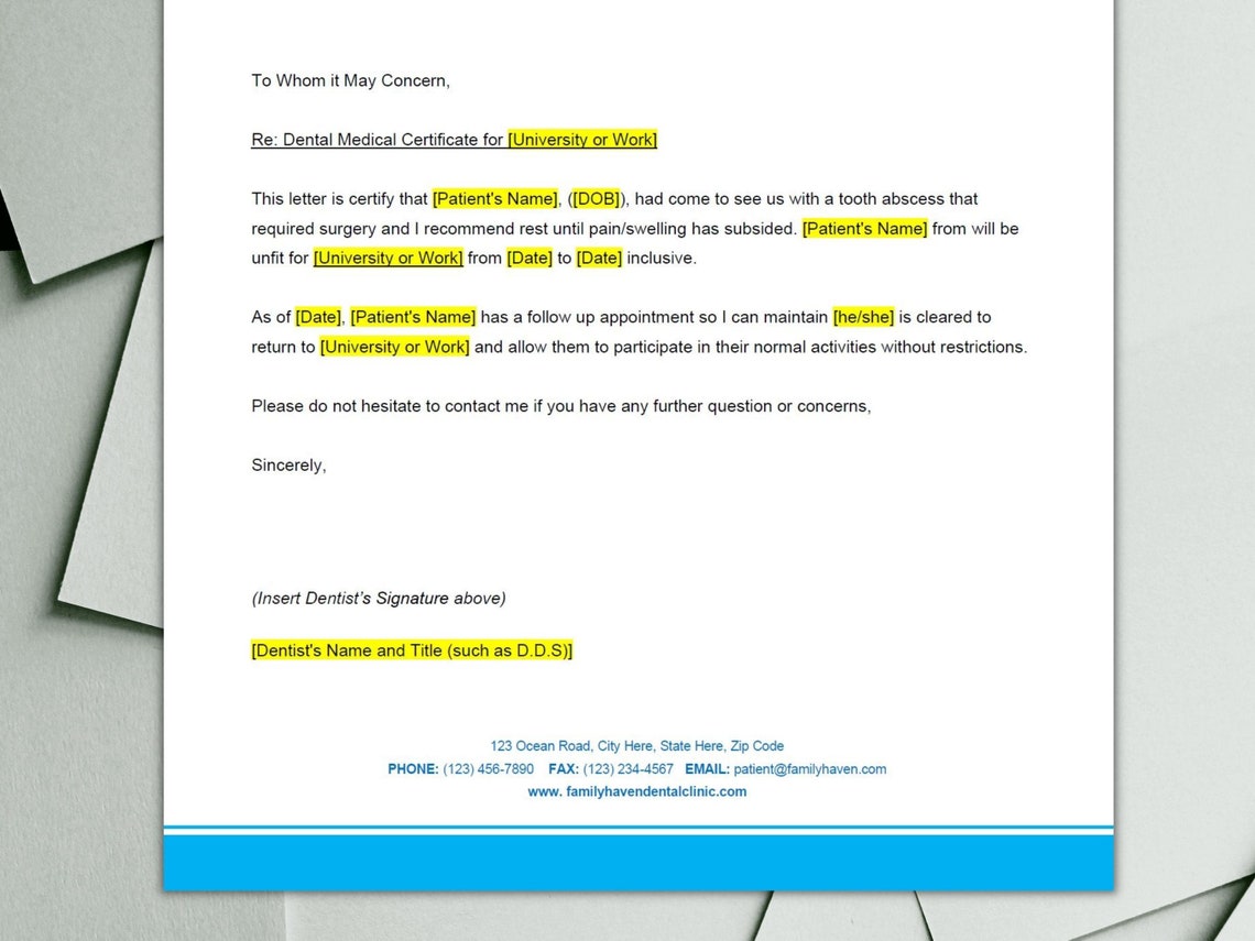 Dentist Note, Dental Letter, Dentist Excuse, Doctor's Surgery Note ... Dentist Note, Dental Letter, Dentist Excuse, Doctor's Surgery Note ...
