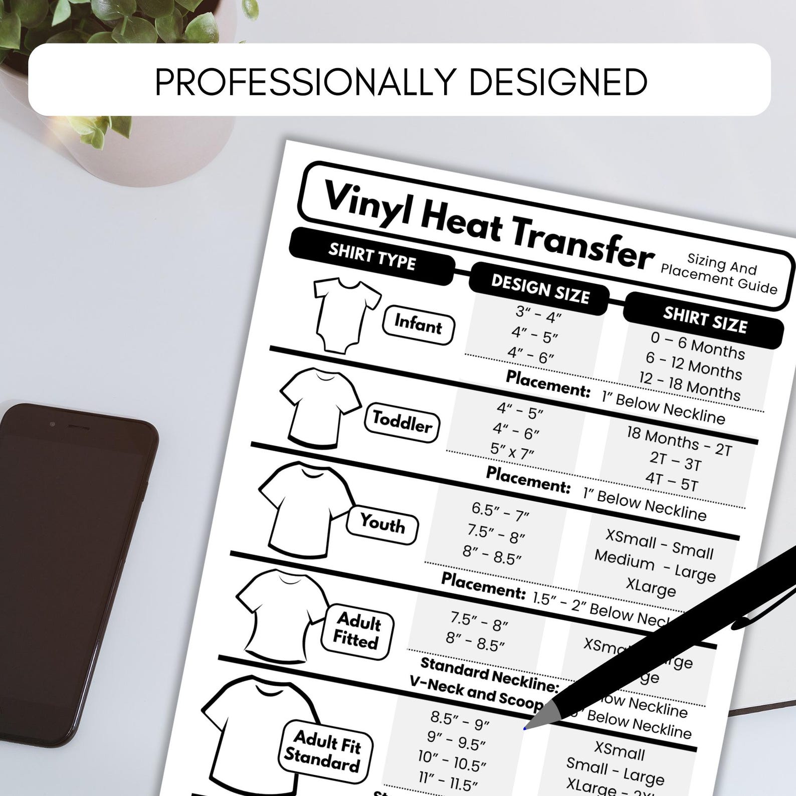 Heat Transfer Vinyl Sizing Guide, Printable HTV Sizing Guide, T-shirt ...