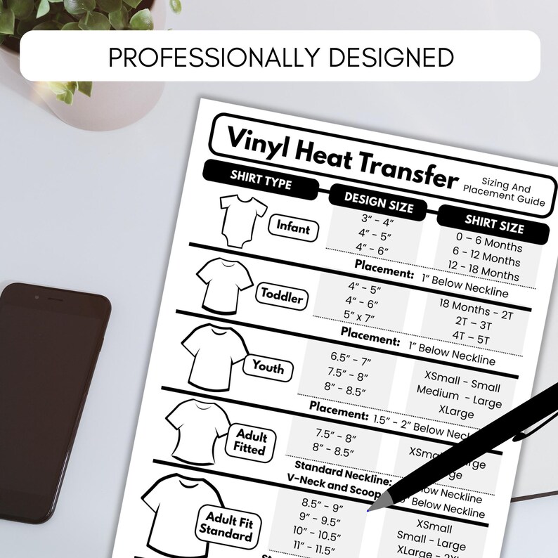 Heat Transfer Vinyl Sizing Guide, Printable HTV Sizing Guide, T-shirt ...