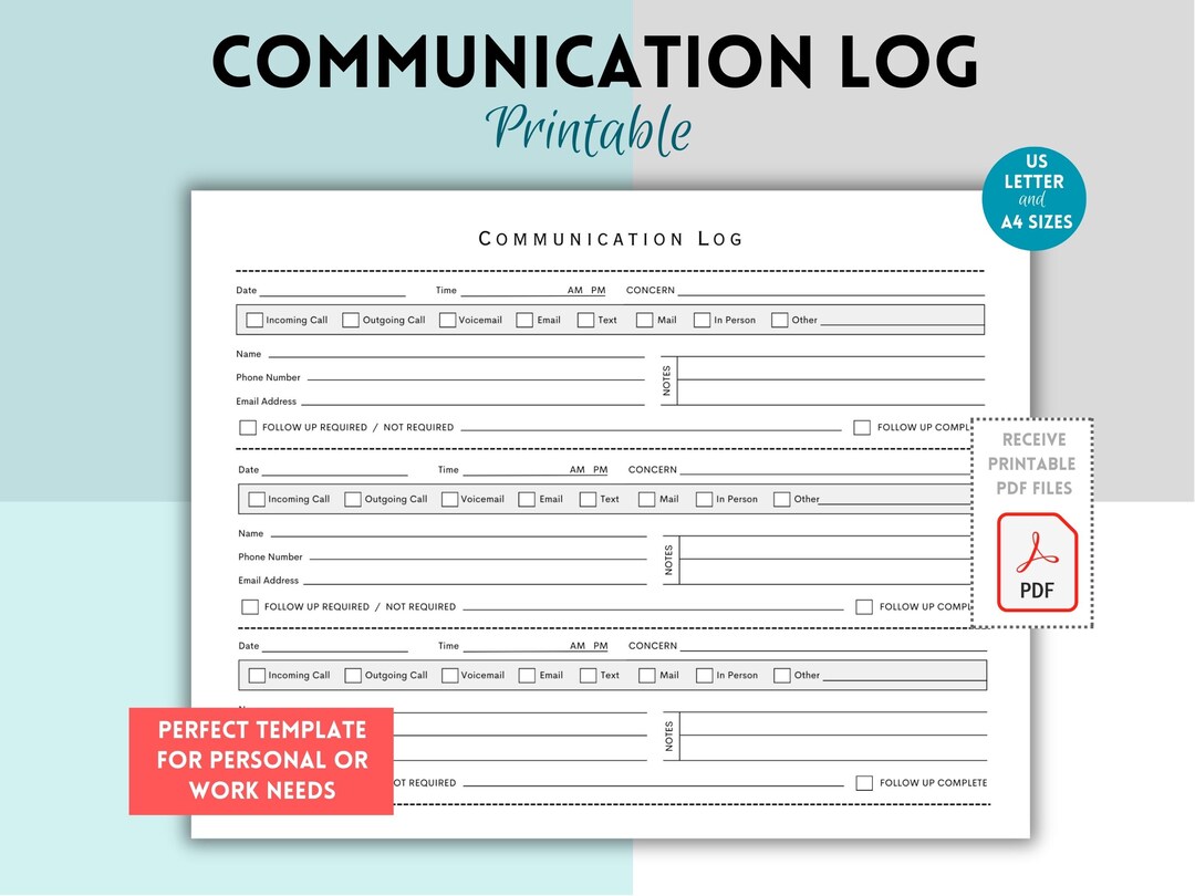 Communication Log, Work Communication Notebook Page, Call Tracking Form ...