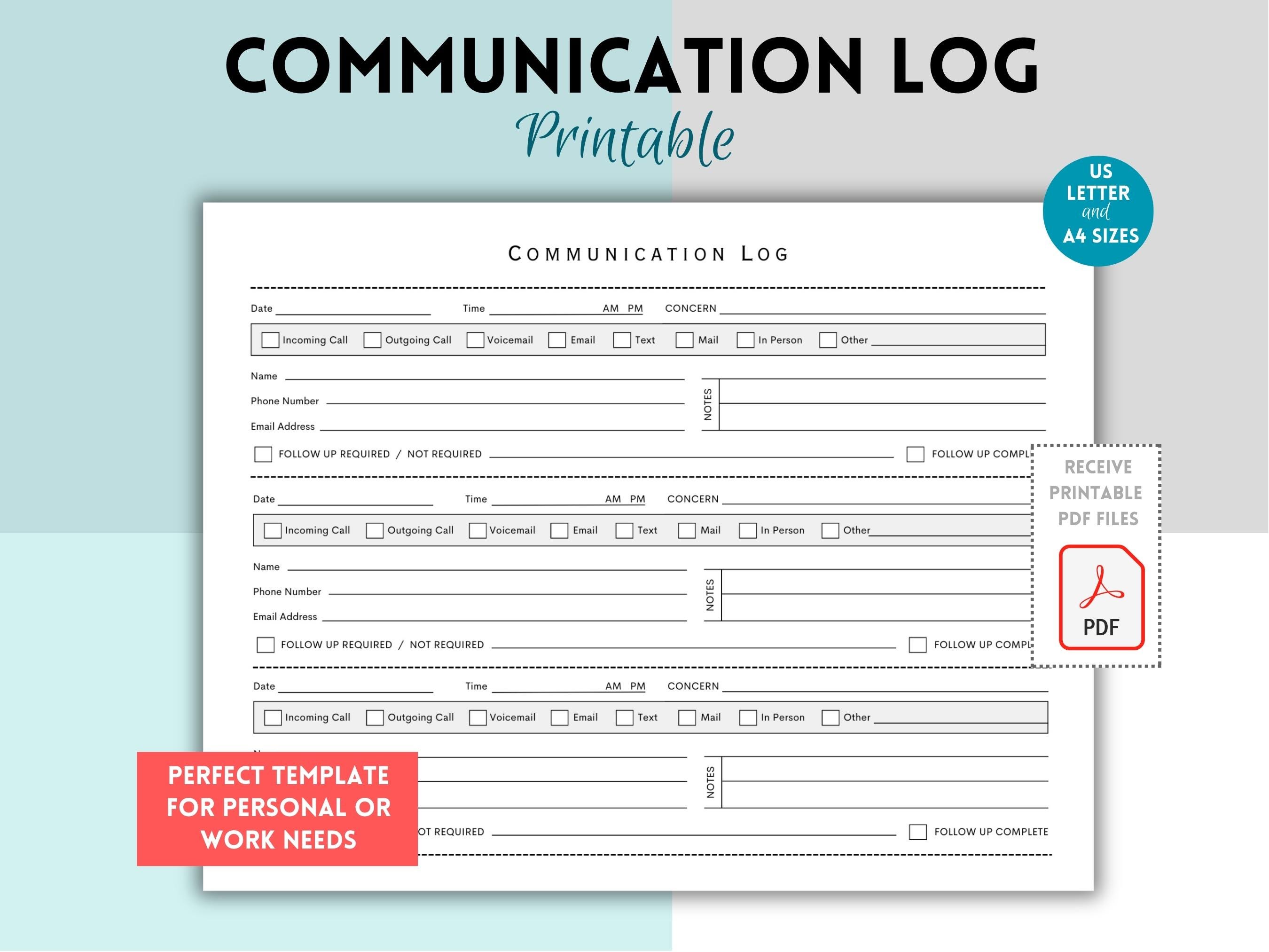 Communication Log, Work Communication Notebook Page, Call Tracking Form ...