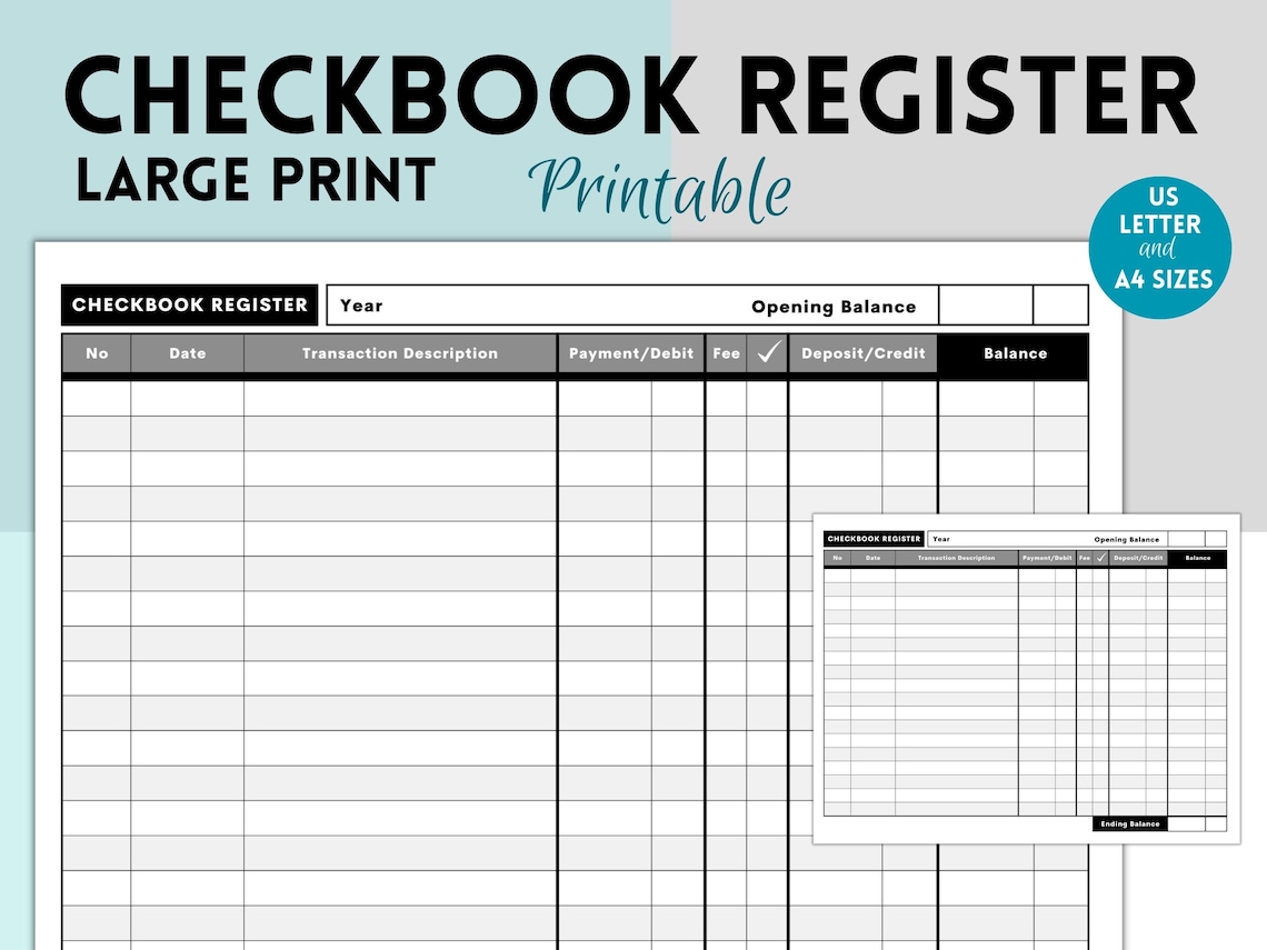 Printable Large Print Checkbook Register, Finance Tracker, Check ...