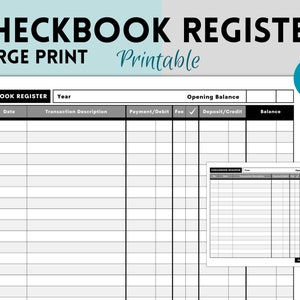 Printable Large Print Checkbook Register, Finance Tracker, Check ...