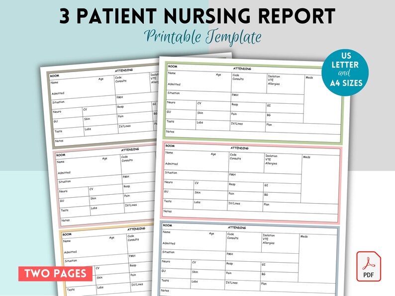 Nursing Report Sheet, Nurse Brain Sheet, 3 Patient Nursing Planner, RN ...