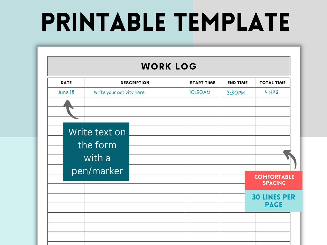 Work Log Printable, Time Log, Time Tracker, Work Hours Log, Activity ...