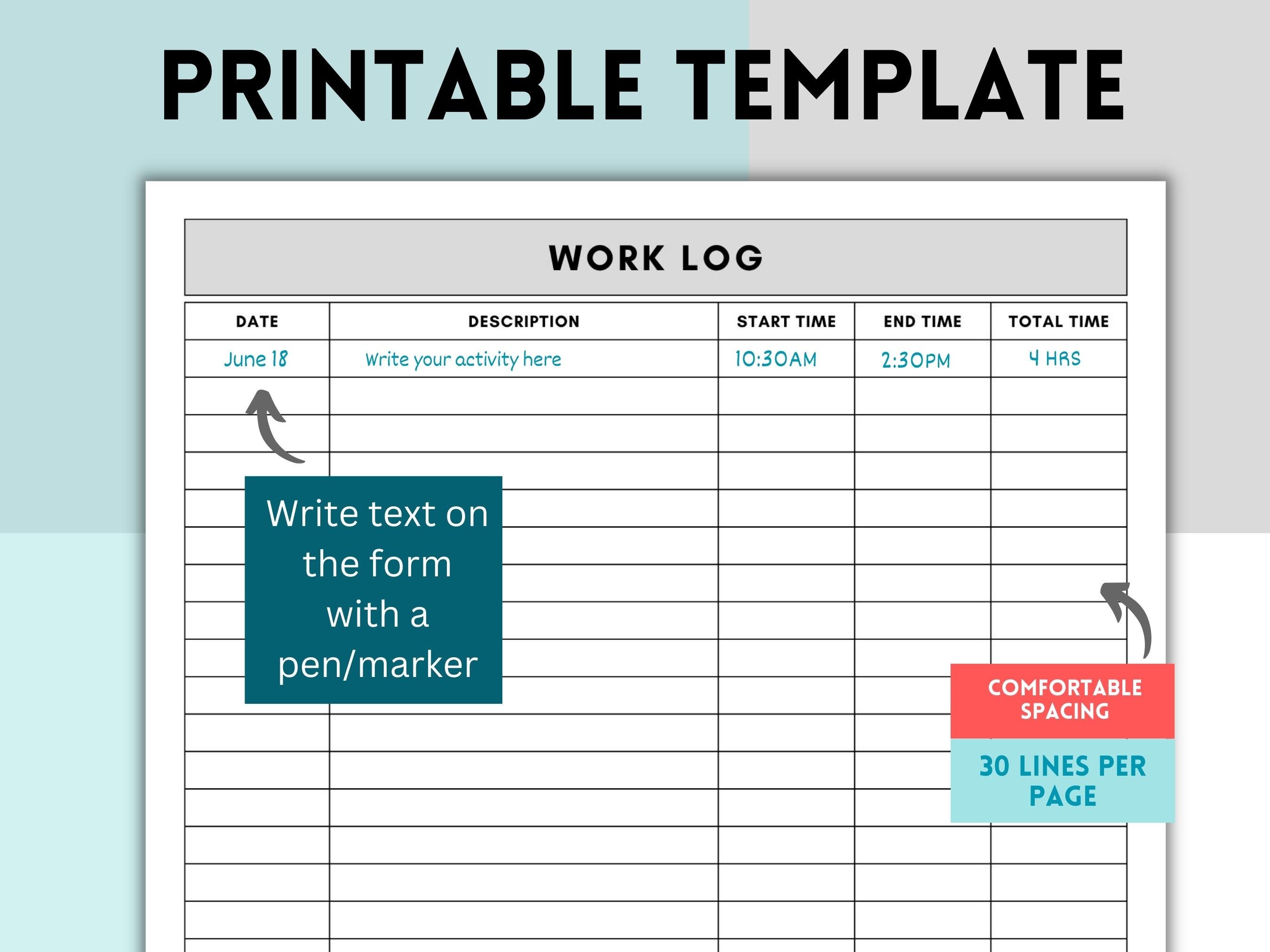 Work Log Printable, Time Log, Time Tracker, Work Hours Log, Activity ...