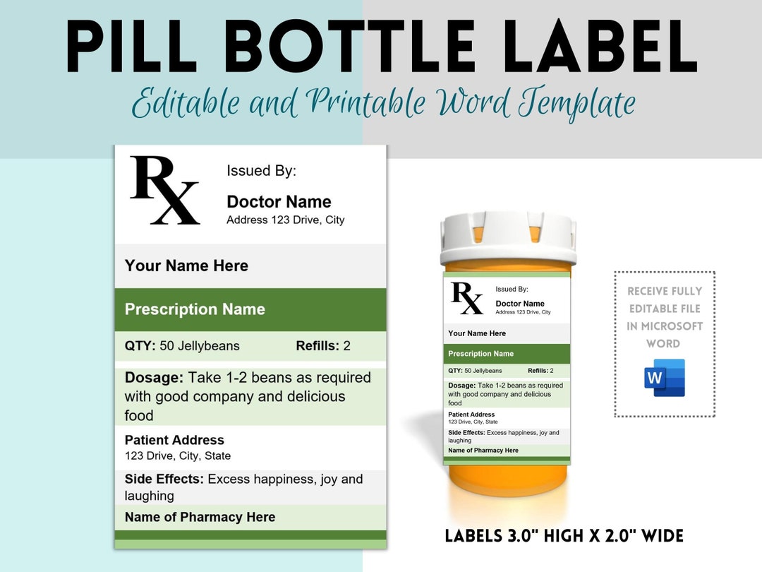 Pill Bottle Label, Prescription Label, Rx Pill Label, Editable WORD ...