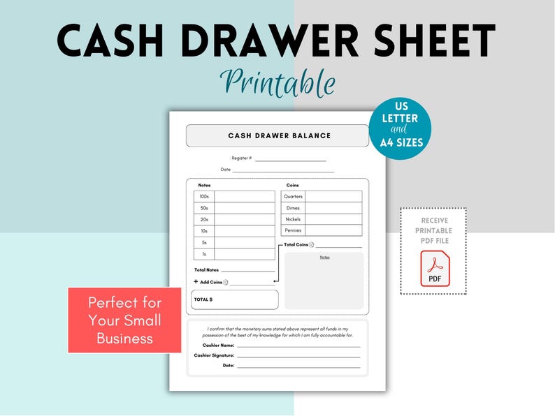 Cash Drawer Sheet, Register Balance Sheet, Cash Breakdown, Opening ...