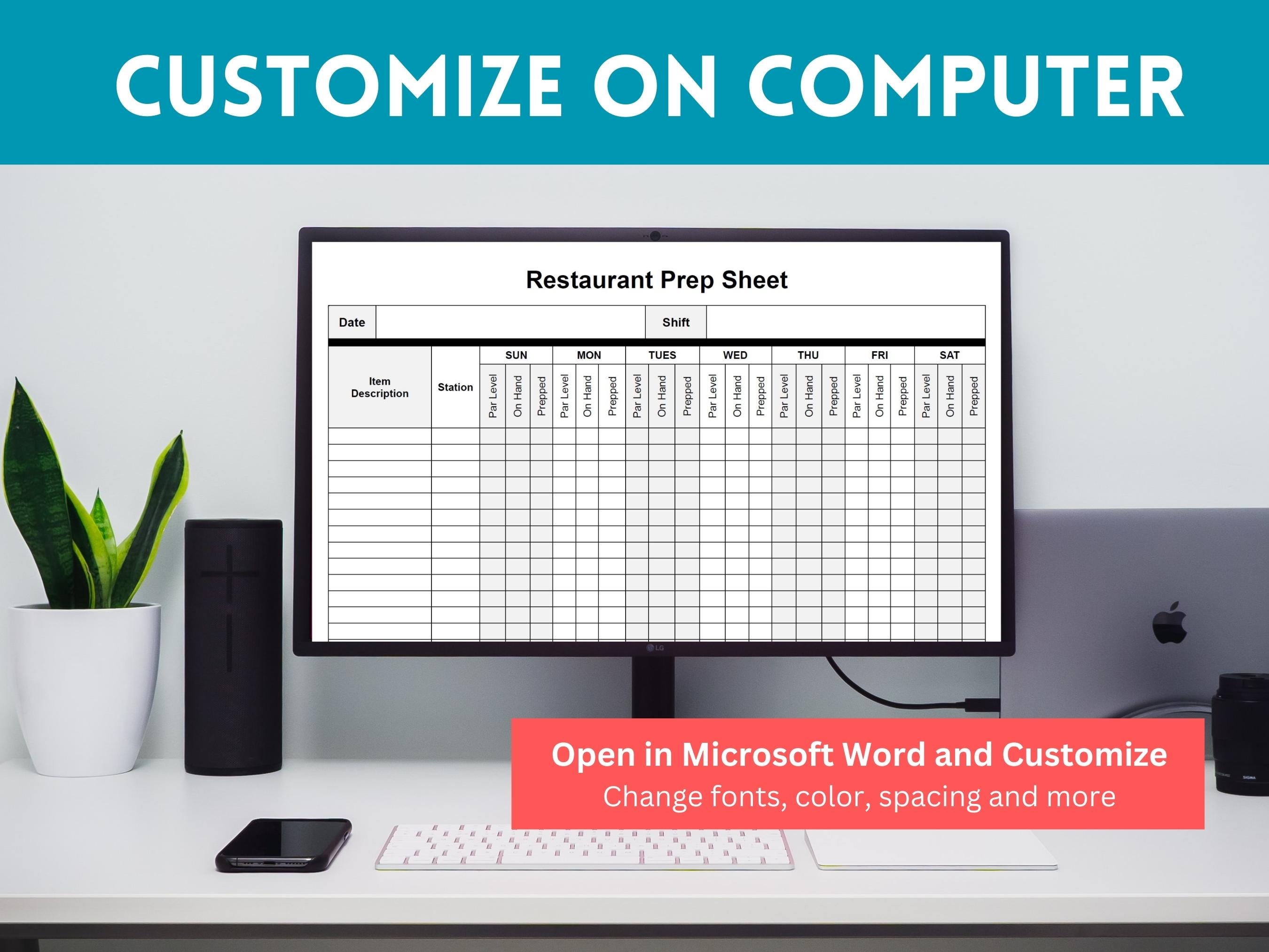 Restaurant Prep Sheet, Food Prep Chart, Food Prep Sheet, Restaurant ...