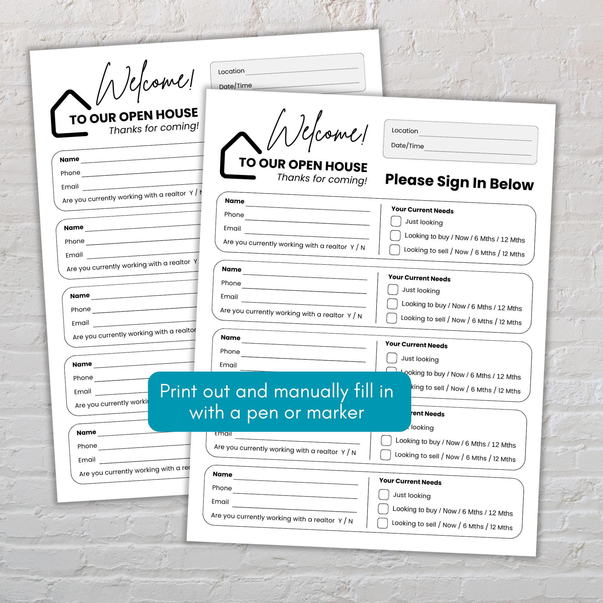 Open House Sign in Sheet, Printable PDF Open House Sign in Sheet ...