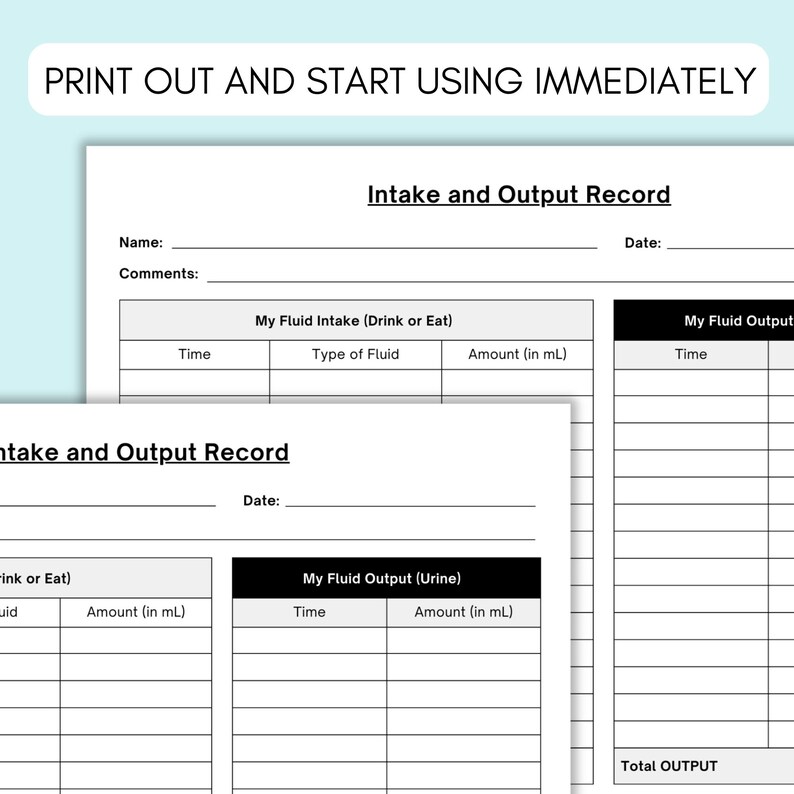 Fluids Intake and Output Record, Fluid Balance Chart, Intake Output ...