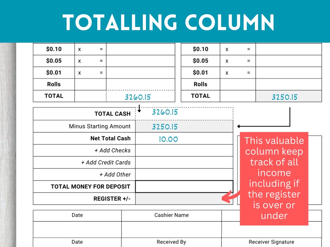 Cash Register Balance Sheet, Till Drawer Balance Log, Cash Drawer ...