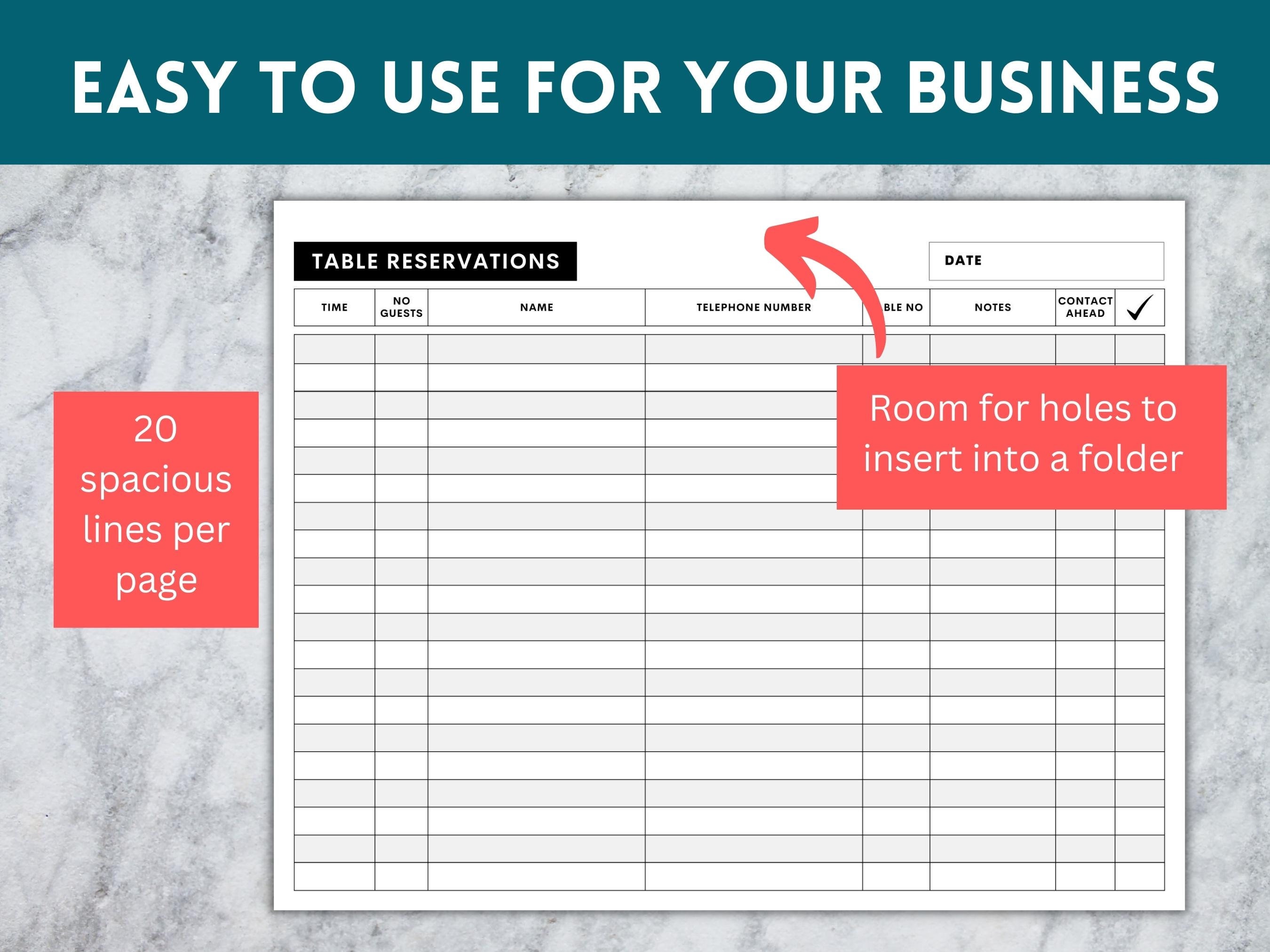 Printable Table Reservation List, Restaurant Table Reservation Form ...