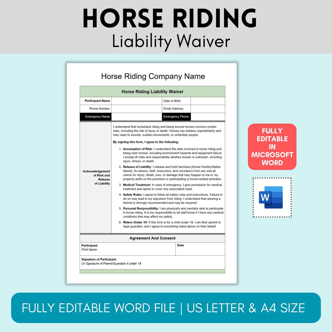 Editable Horse Riding Liability Waiver Template, Horse Riding Rental ...