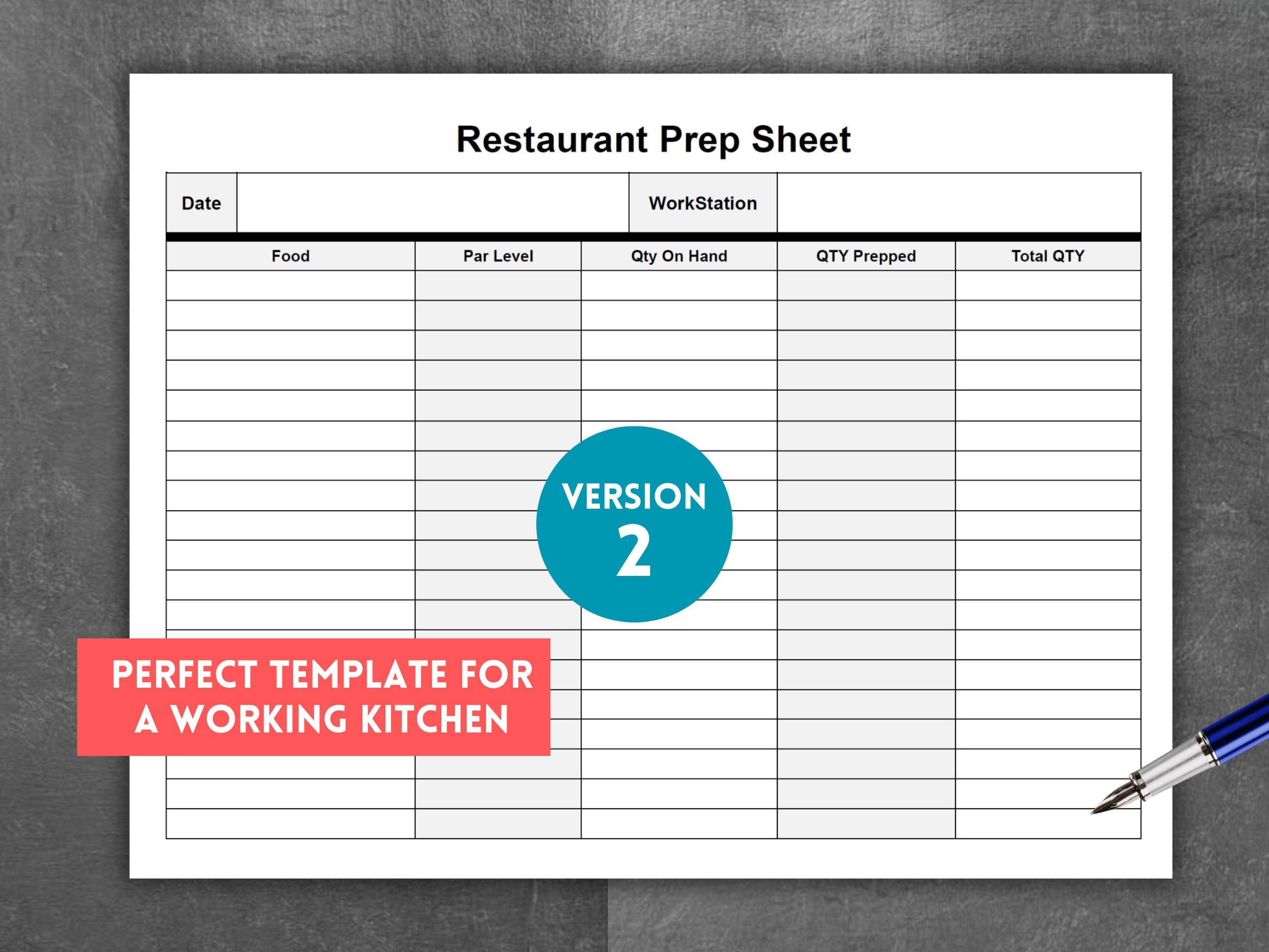 Restaurant Prep Sheet, Food Prep Chart, Food Prep Sheet, Restaurant ...