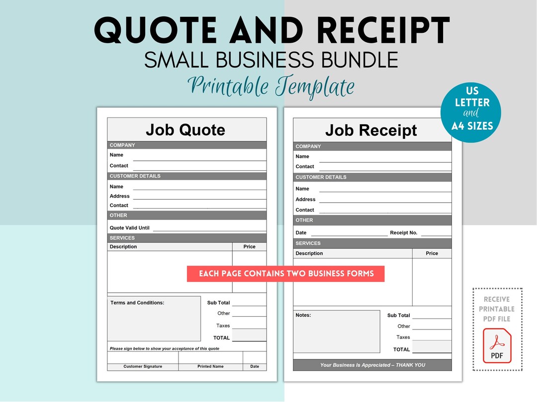 Job Quote and Receipt, Small Business Quote, Small Business Receipt ...
