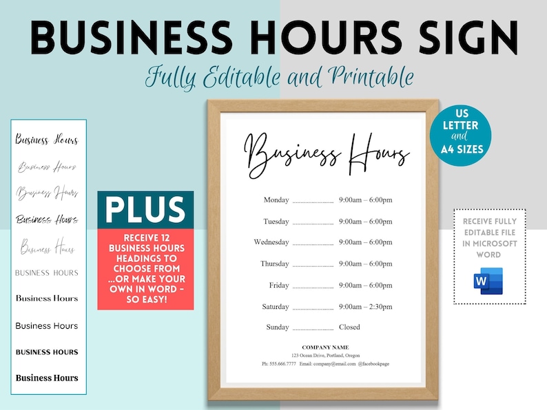 Business Hours Sign Editable Printable Template, Store Hours, Hours of ...