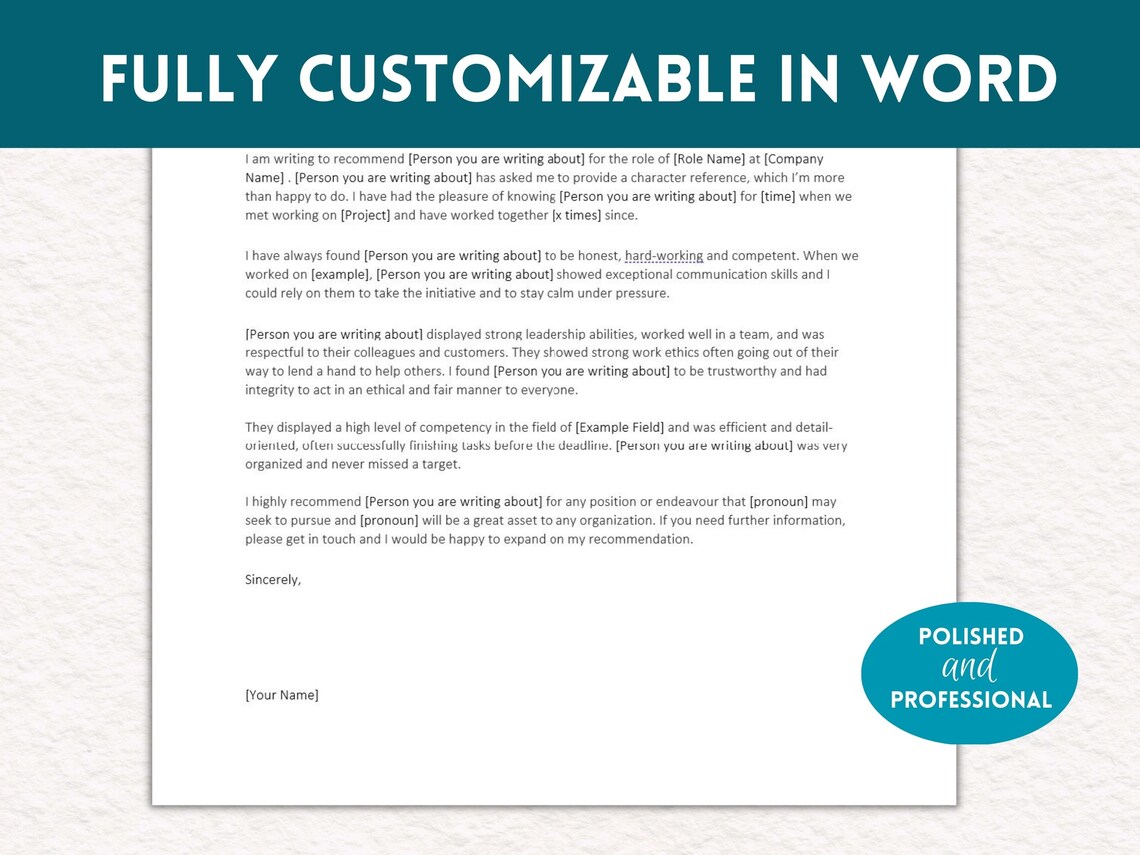 Professional Character Reference Letter Template, Microsoft Word ...