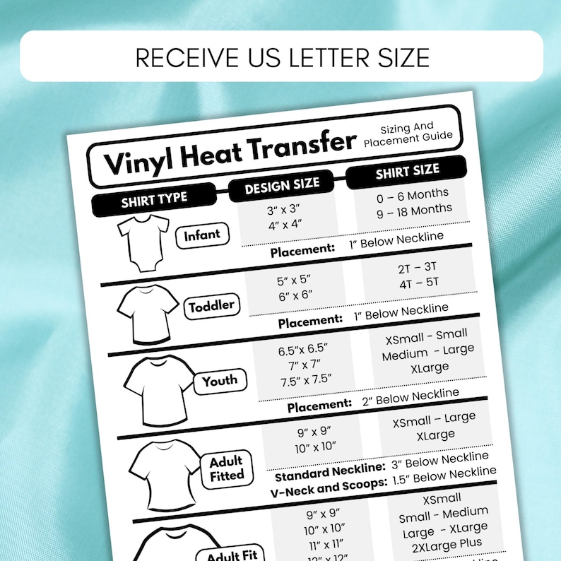 Heat Transfer Vinyl Sizing Guide, Printable HTV Sizing Guide, T-shirt ...