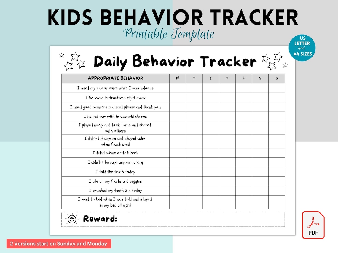 Daily Behavior Chart for Kids Printable, Good Behavior Tracking ...
