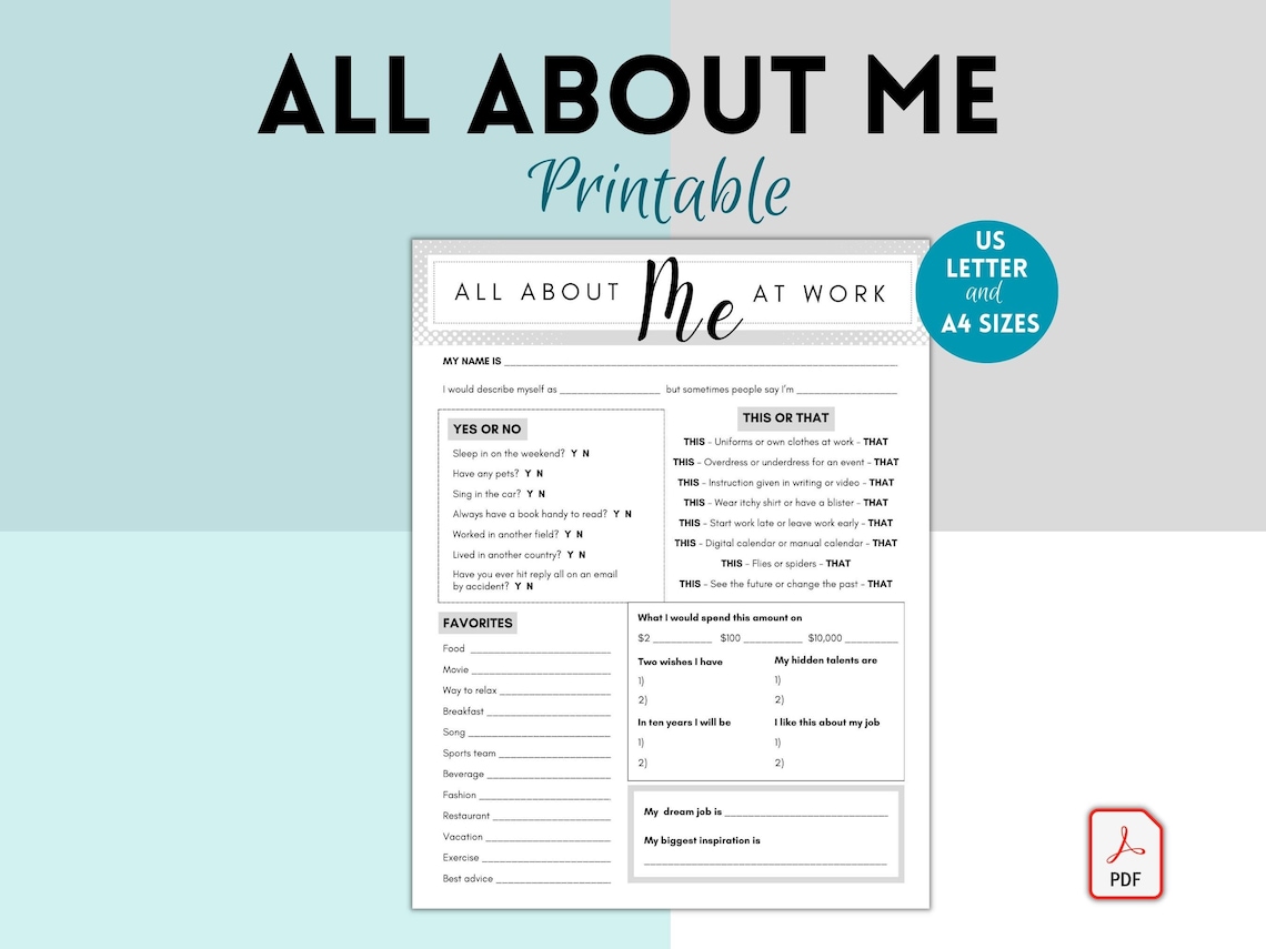 All About Me at Work, Coworker Questions Printable, All About Me Survey ...
